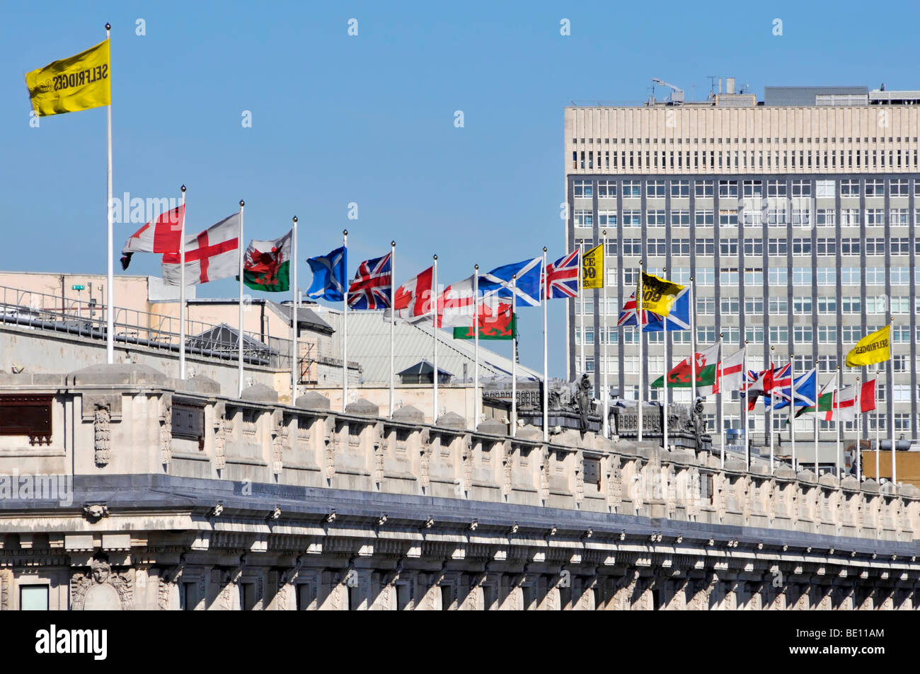 Oxford Street roof level view of Selfridges department store flag ...