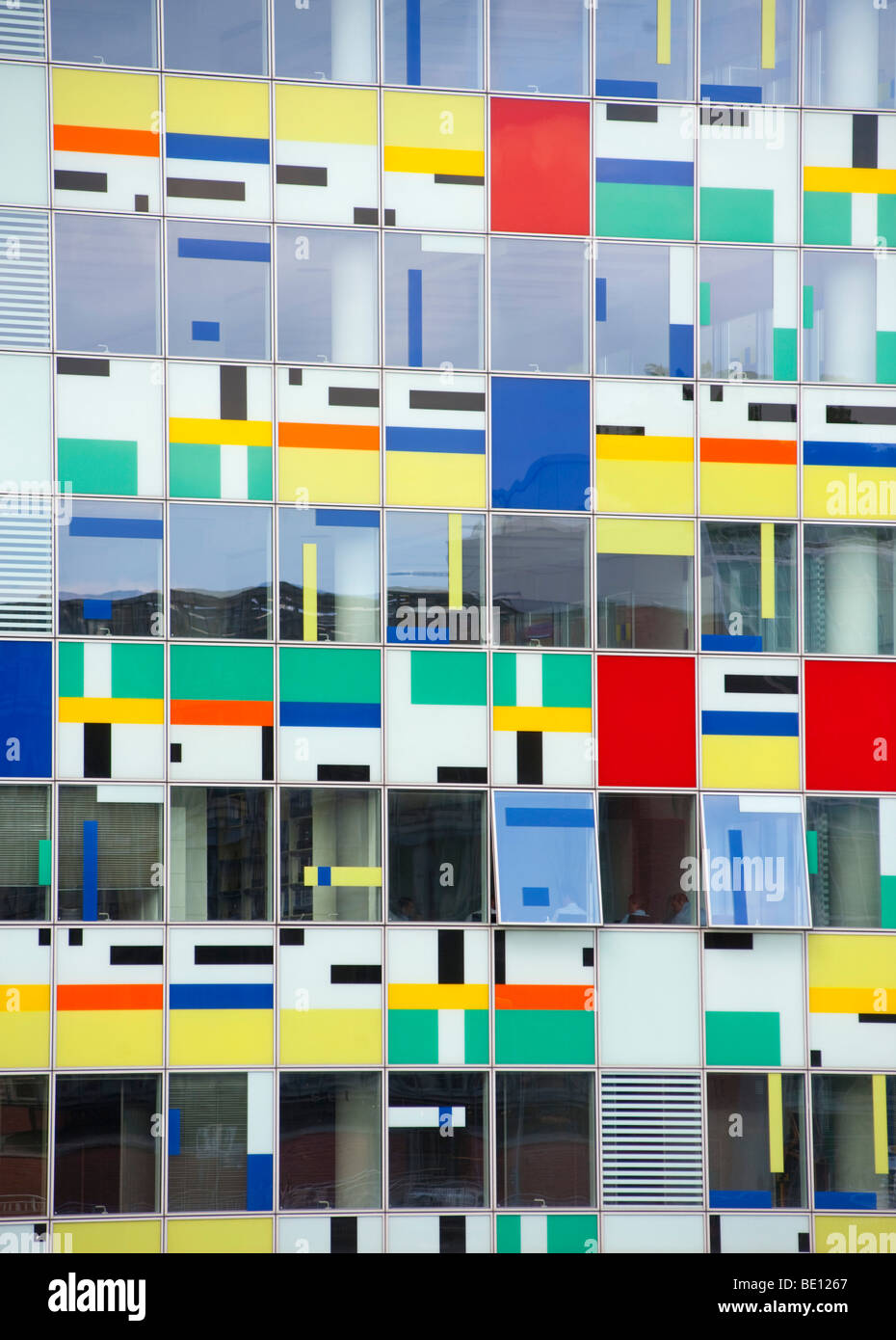 Detail of coloured panels on facade of Colorium building by William ...