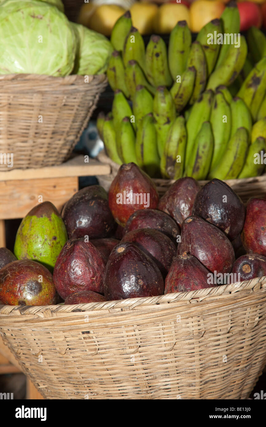 Fresh fruits and vegetables are on sale at the "Les Cocotiers" market ...