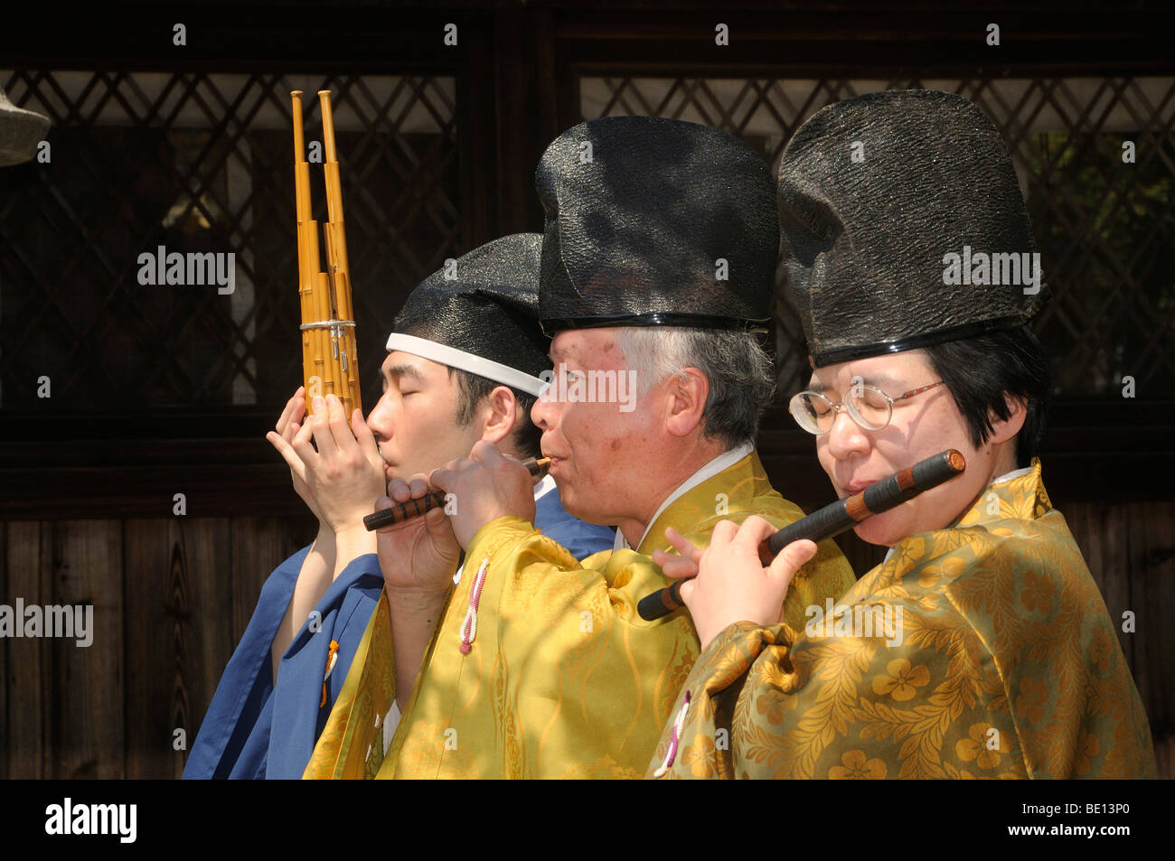 Musician at the Matsuri, shrine festival at the Hirano Shrine, with a ...