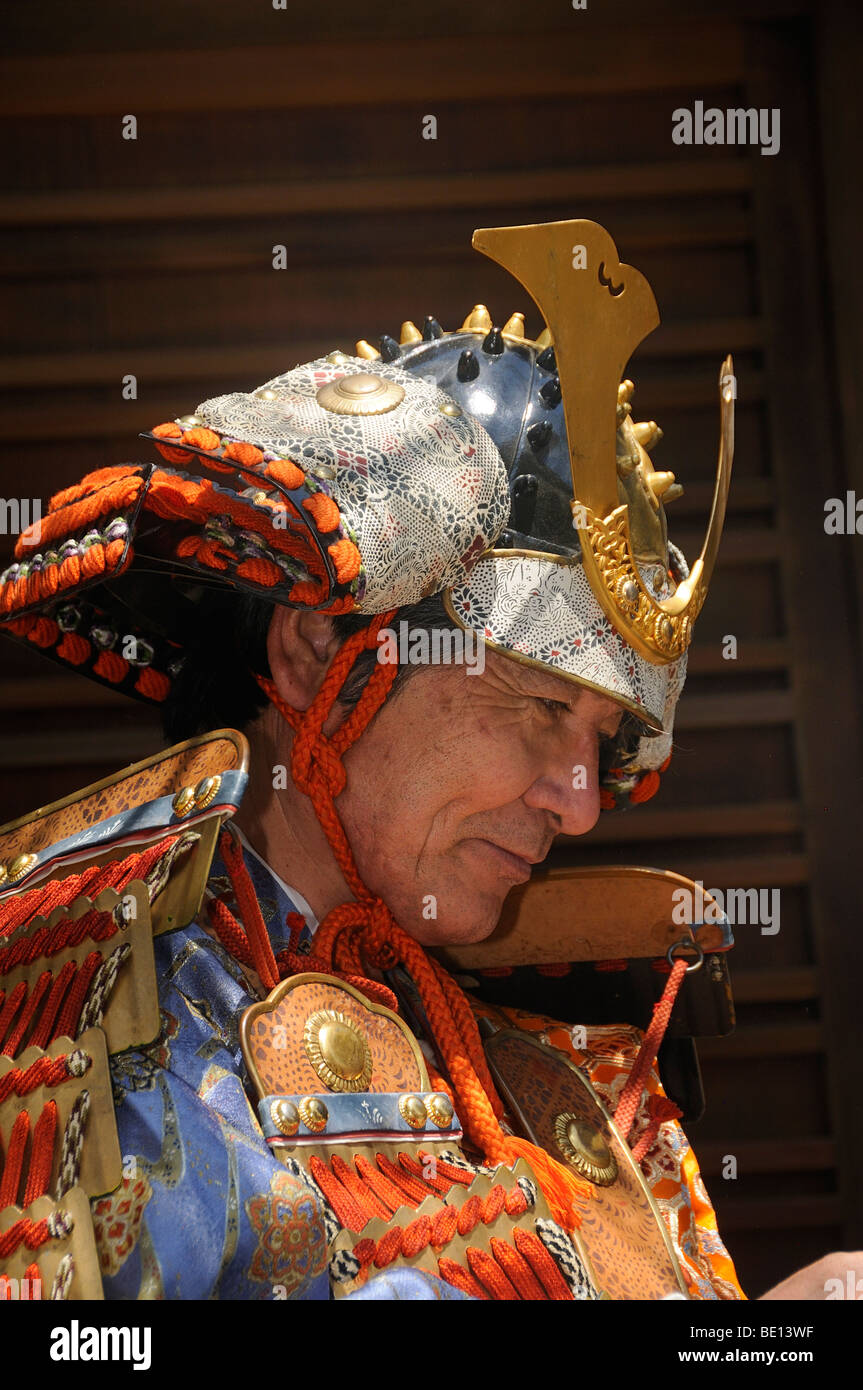 Japanese man dressed as a samurai at the shrine festival at the Hirano ...