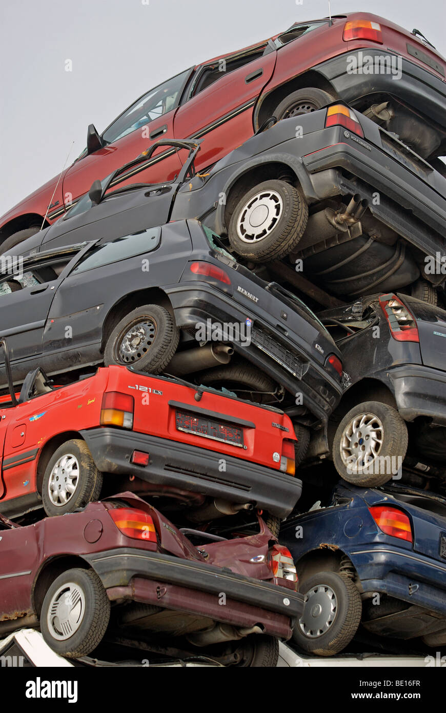 Scrapped cars at a recycling centre, Oplanden, North Rhine-Westphalia ...