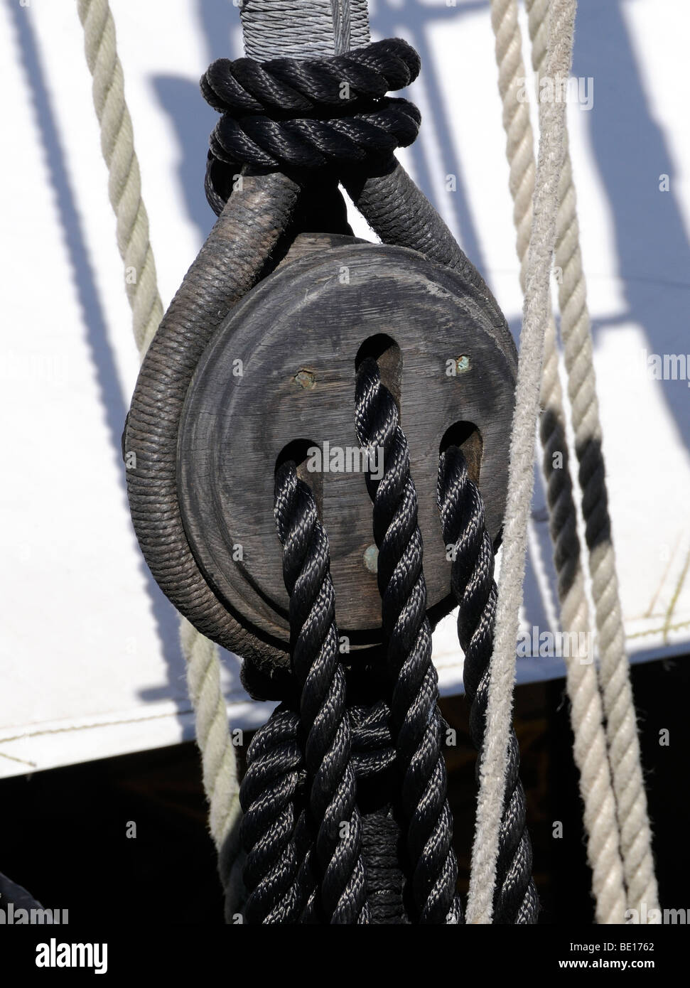 A dead eye in the rigging on a replica of HMS Pickle, a 10-gun topsail ...