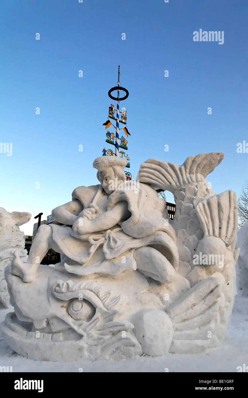 Japanese god / warrior riding an orca - snow sculpture at the Sapporo ...