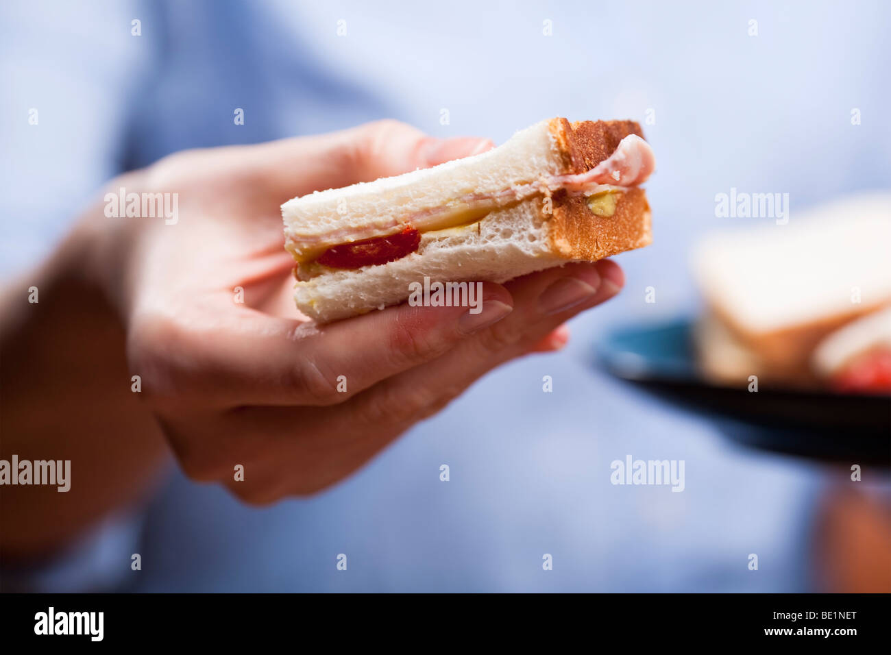 Female hand offering a white bread sandwich - focus on sandwich Stock ...