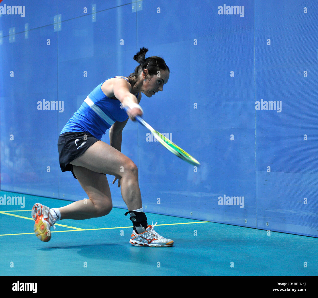 Rachael Grinham plays a backhand shot in the British Open Squash ...