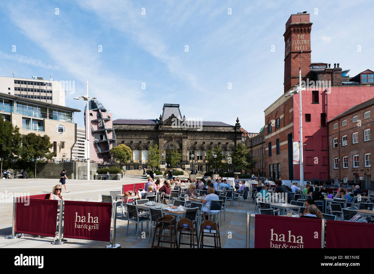 Restaurant in Millennium Square with the City Museum behind, Leeds ...