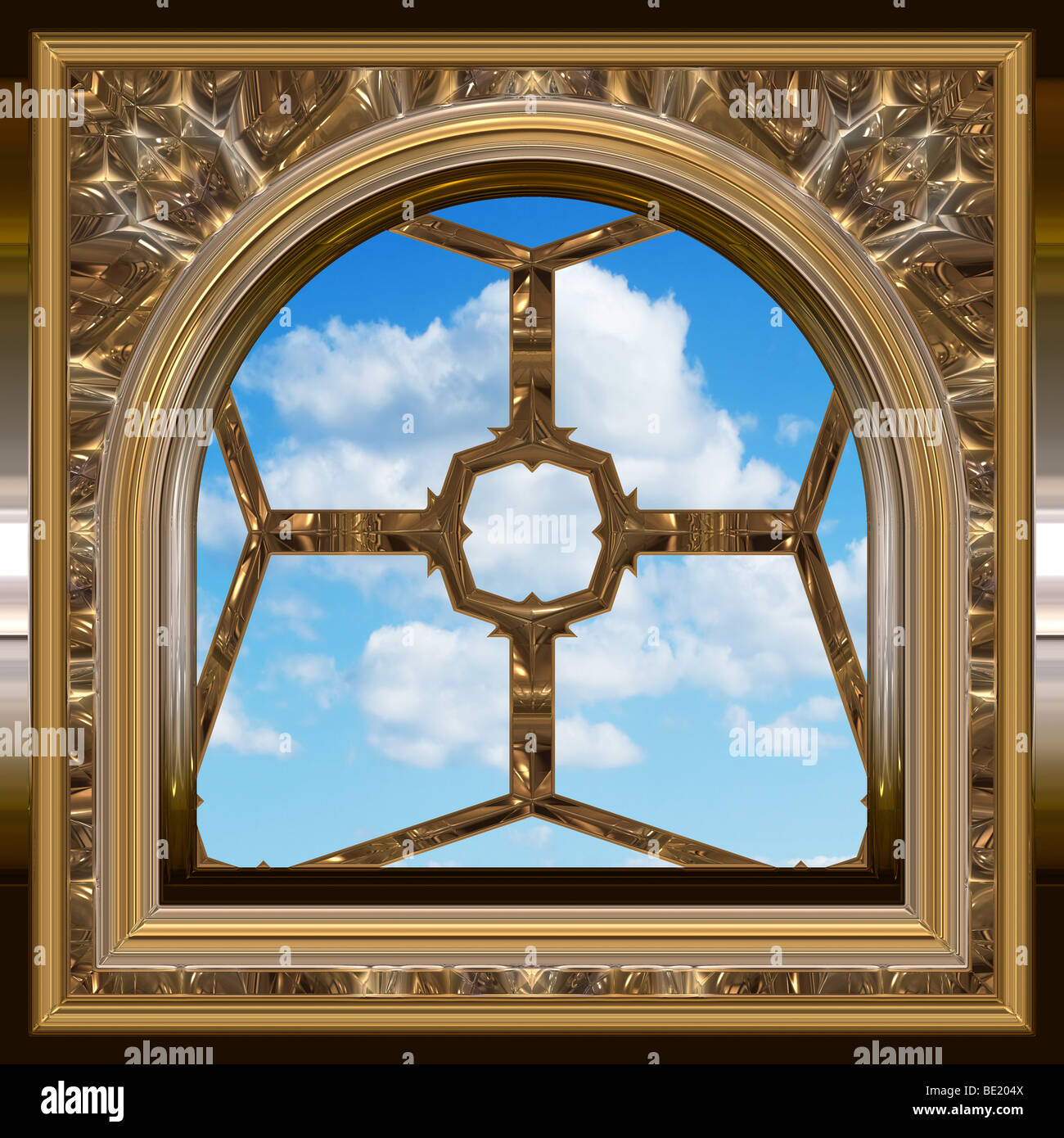 image of a gothic or science fiction window looking onto cloudy blue ...