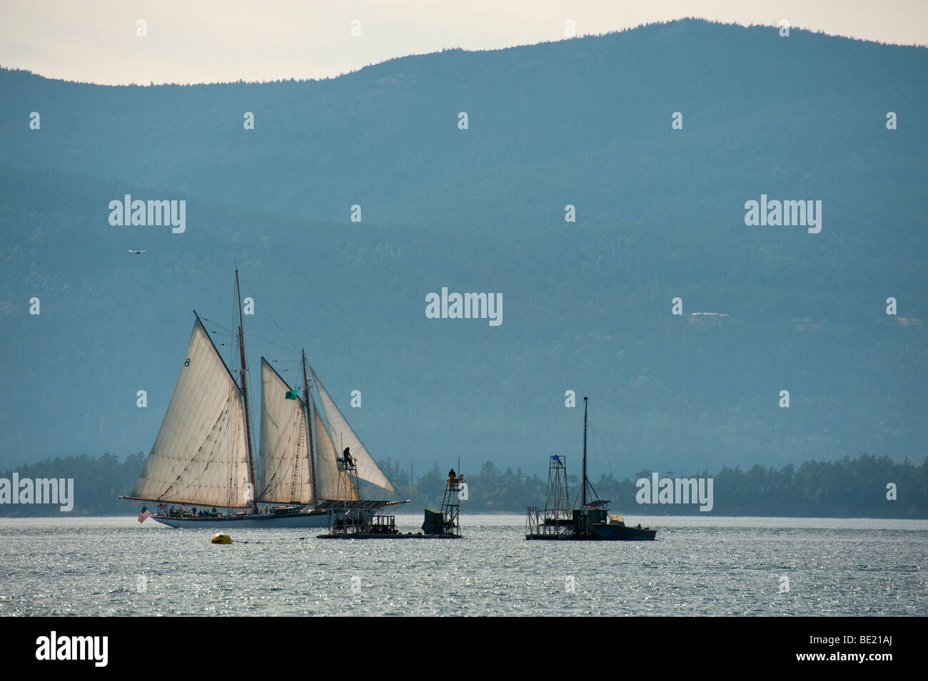 The tall ship Zodiac sails between Lummi island and Orcas Island. Reef ...