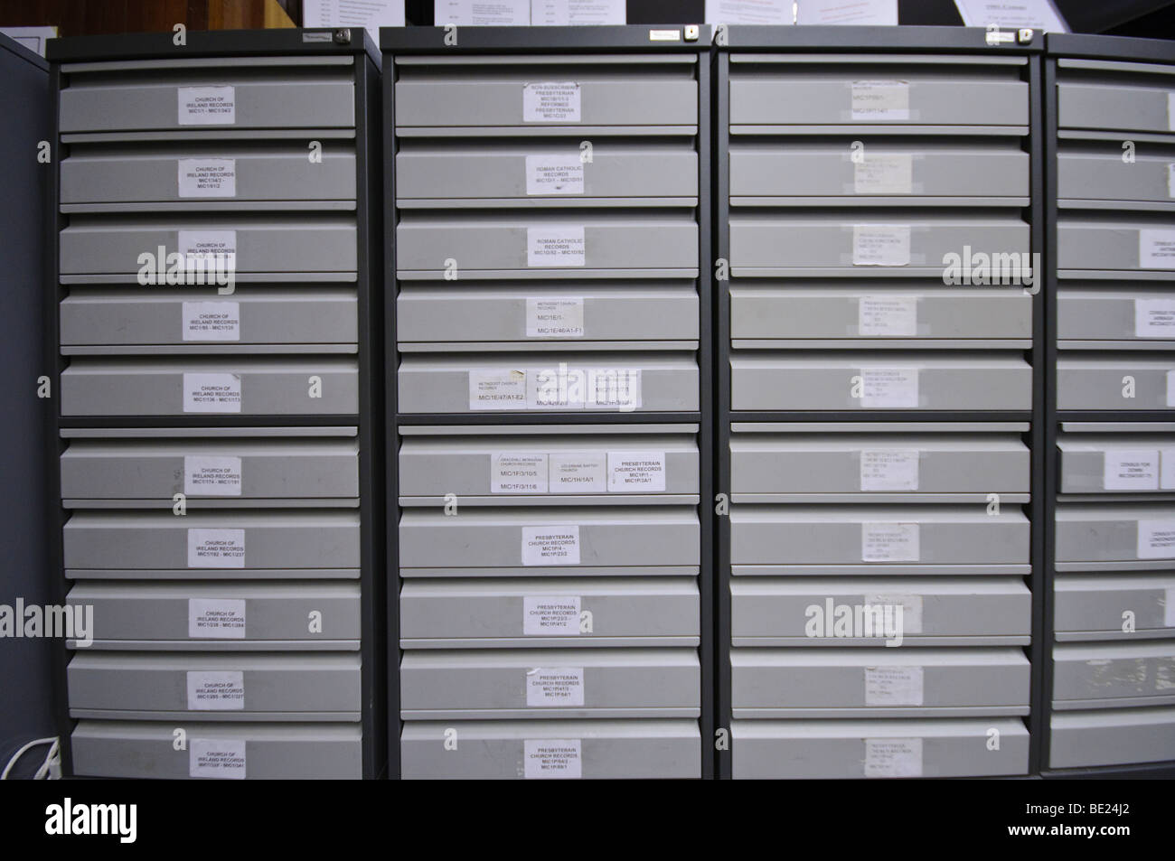 Drawers filled with microfilm copies of church registers at PRONI ...