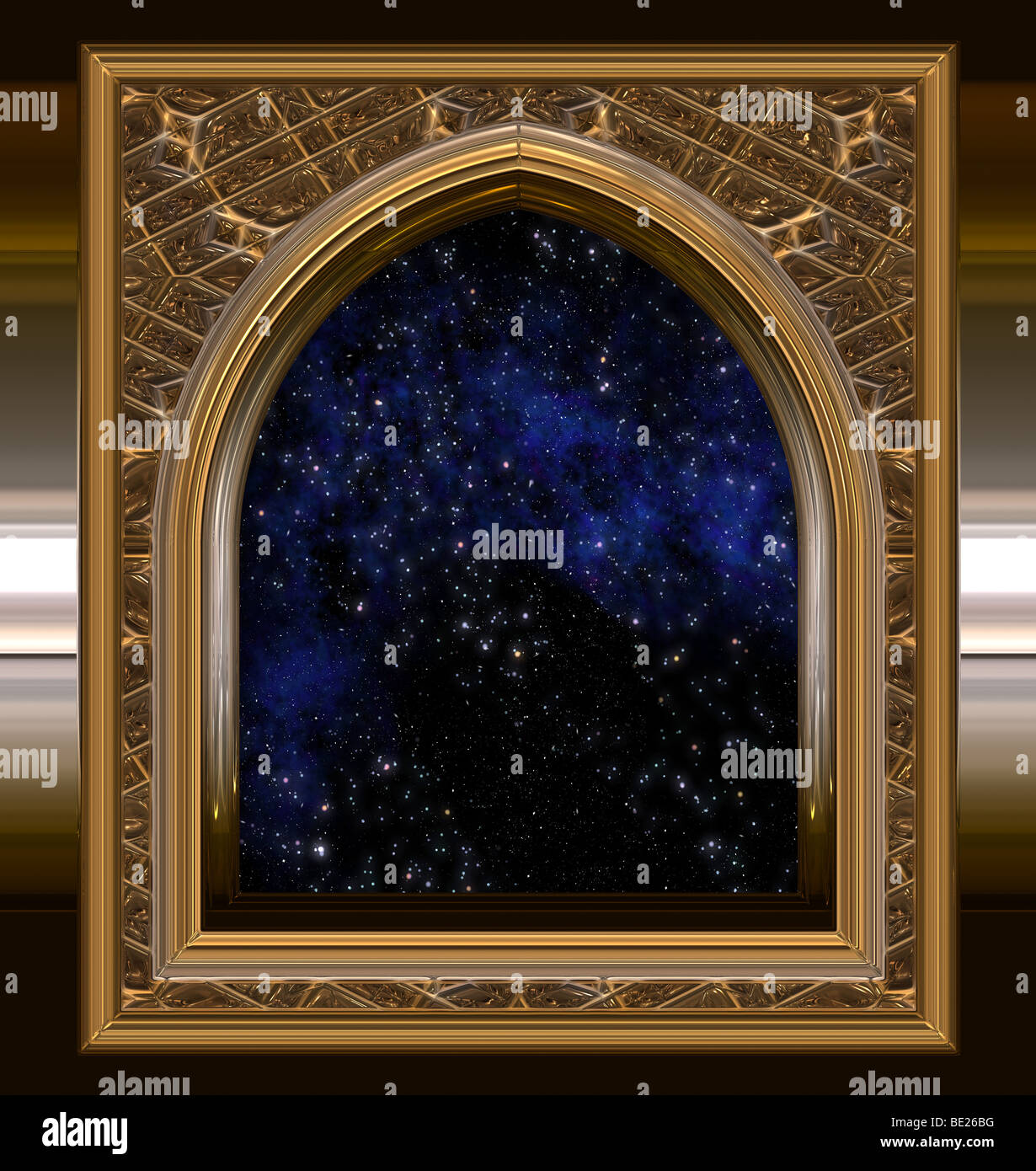 gothic or science fiction window looking into space or starry night sky ...