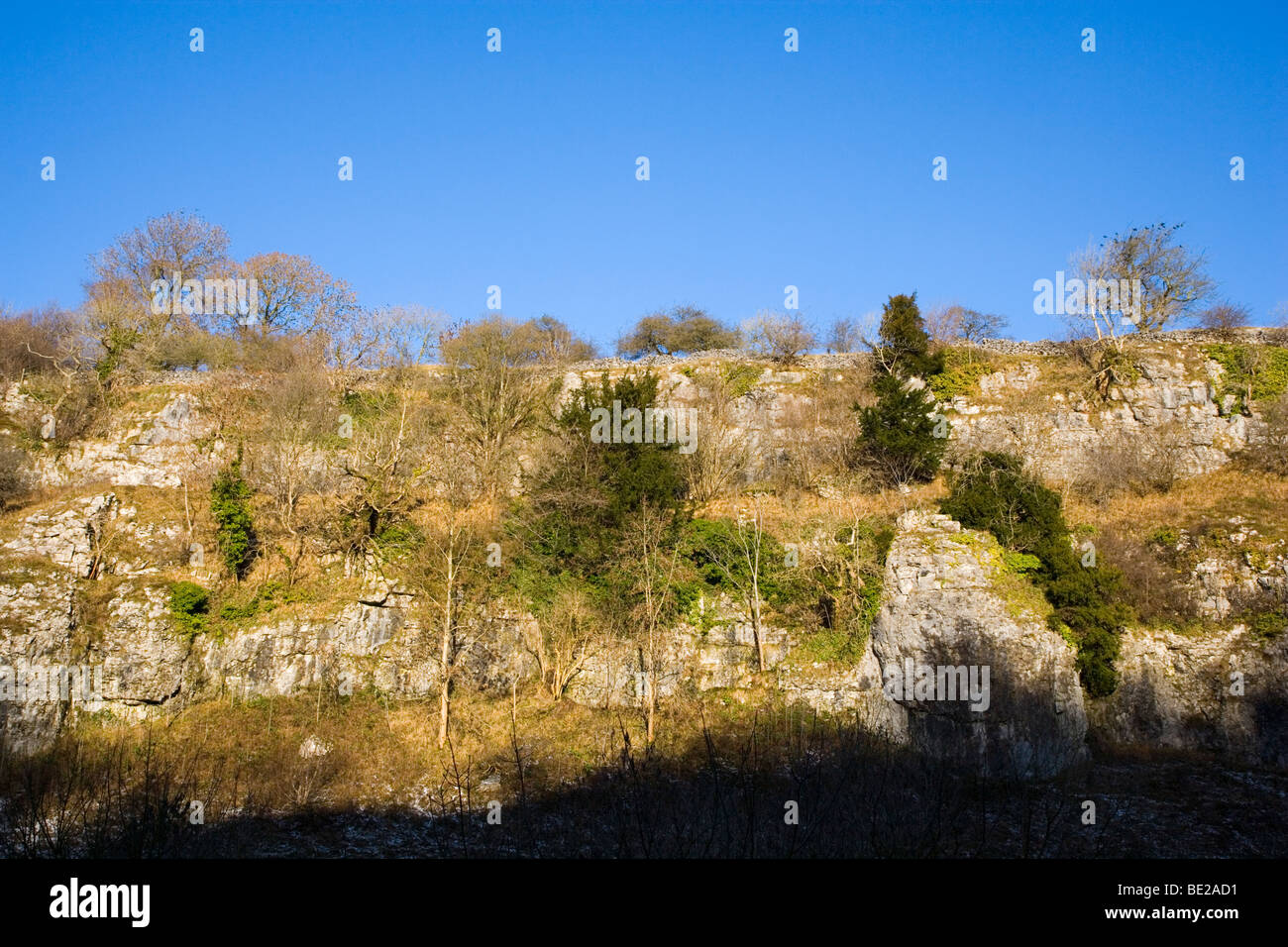 View of Limestone Cliffs above Chee Dale in the Wye Valley near Buxton ...