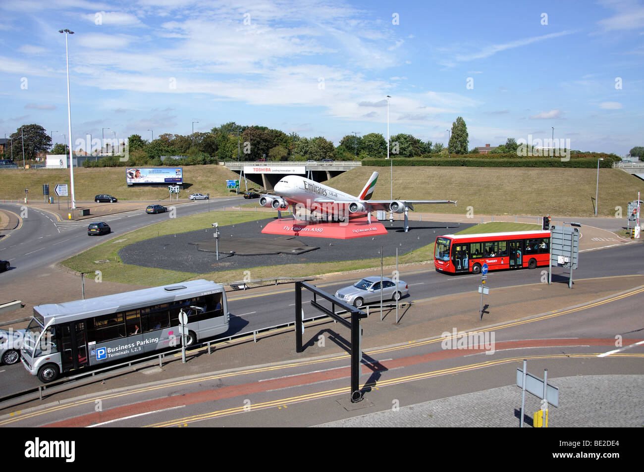 Model Emirates Airbus A380 on roundabout, London Heathrow Airport ...