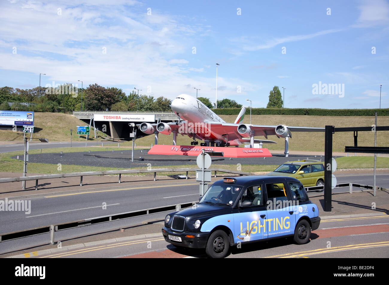 Model Emirates Airbus A380 on roundabout, London Heathrow Airport ...