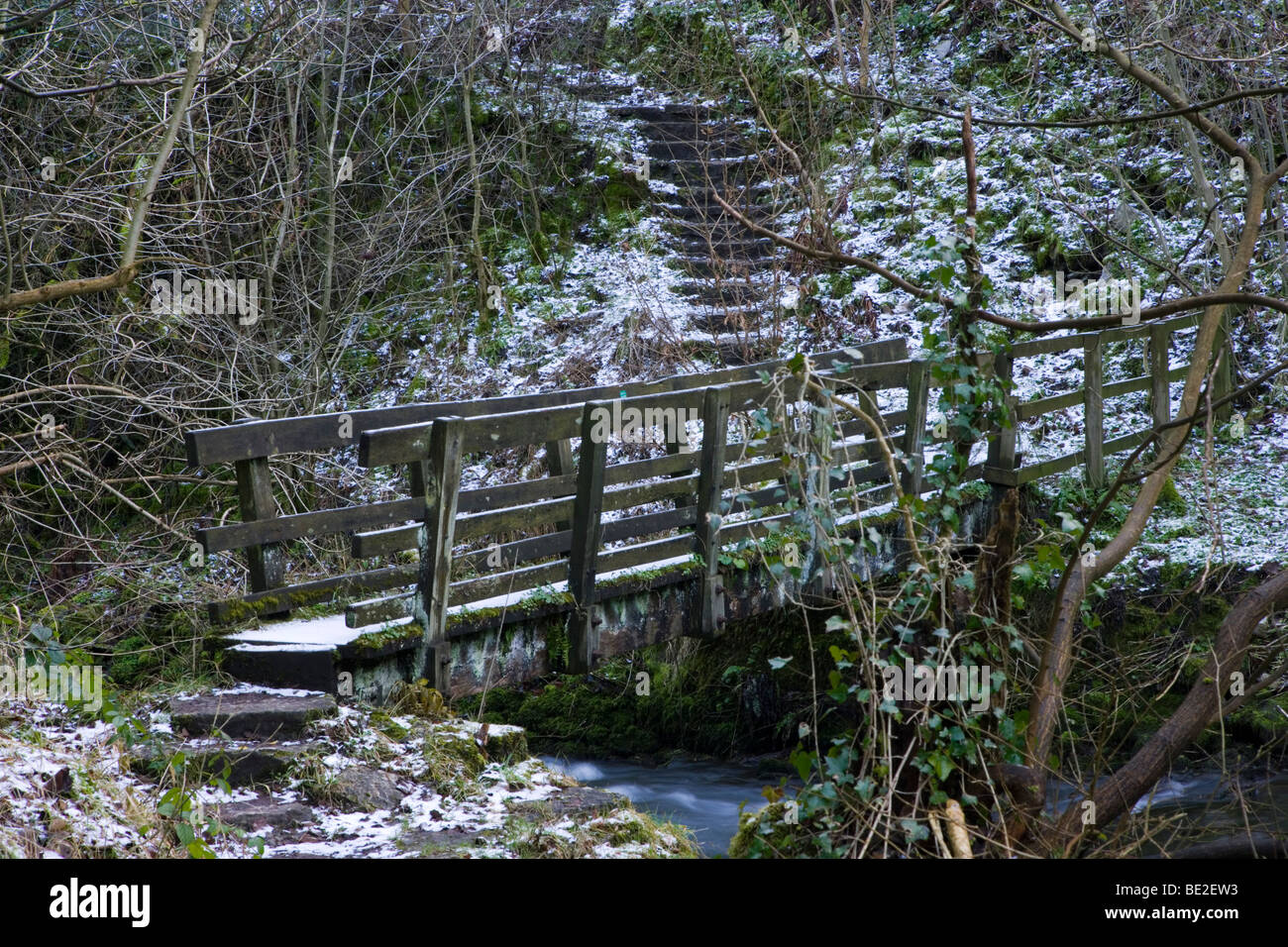 Foot Bridge across the River Wye in winter at Chee Dale in the Wye ...