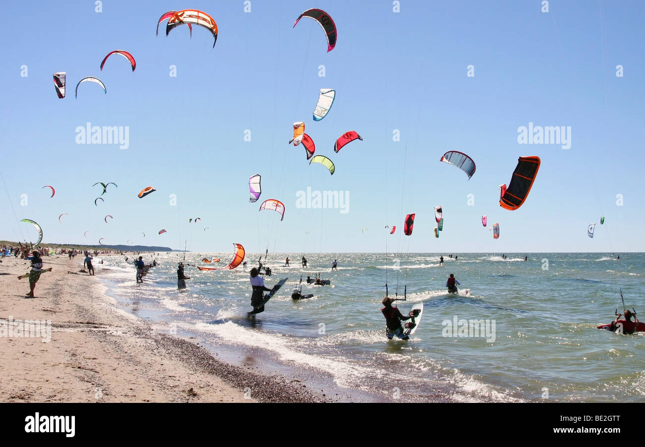 Kiteboarding competition, many kites in the sky Stock Photo - Alamy