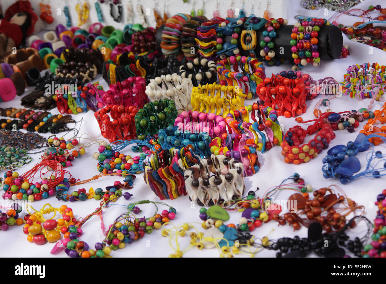 Bracelets and other jewelry on display at a street market in Panama ...