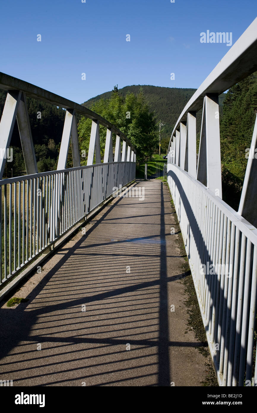 Cycle bridge and footbridge over river in Afan forest park with steel ...