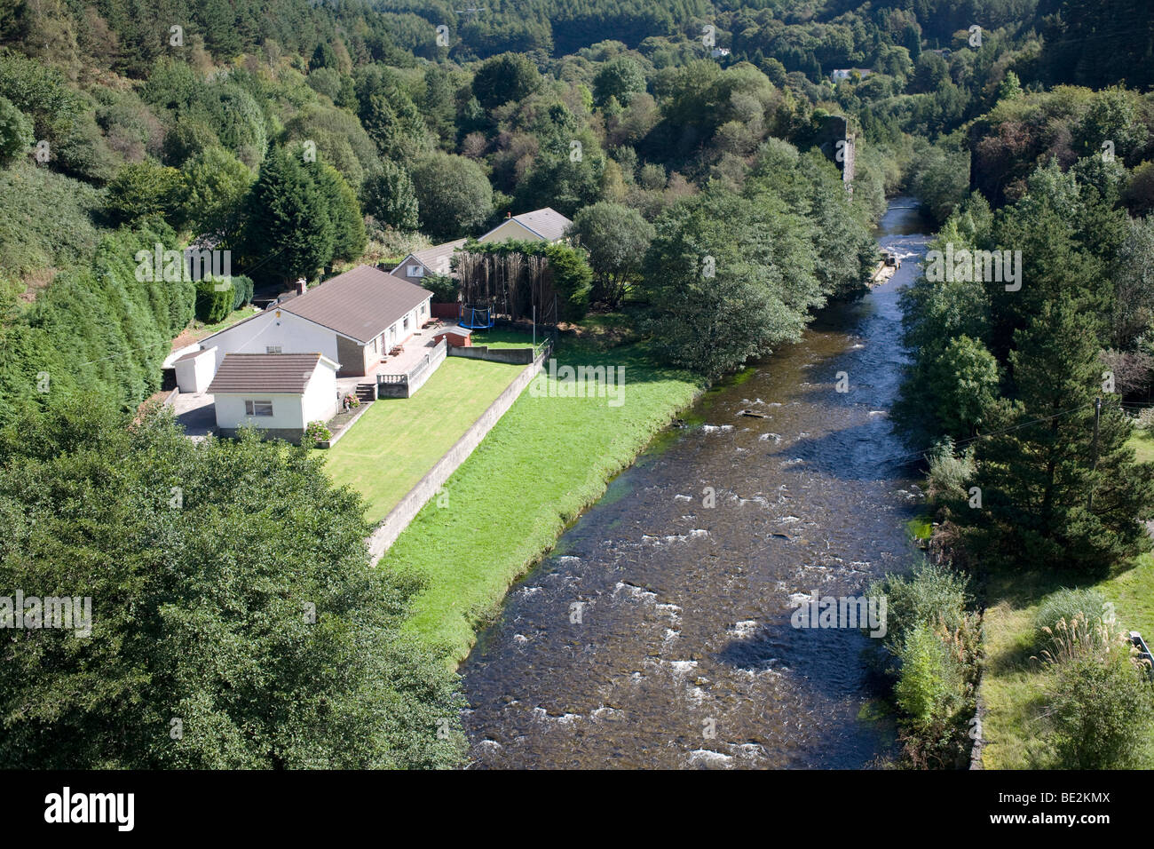 Afan forest park at Pontrhydyfen with Afan river and riverside house ...