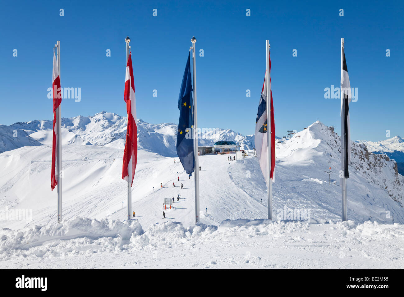 Europe, Austria, Tirol. St. Anton am Arlberg, ski pistes and chairlift ...