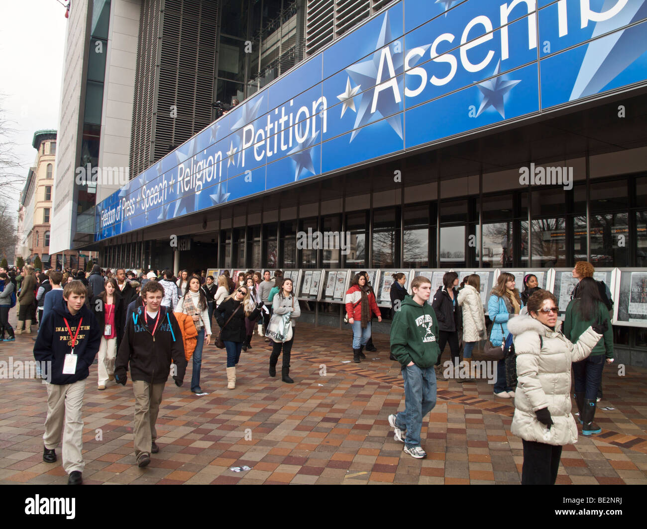 Pedestrians outside the Newseum. Inauguration Eve. Washington DC ...