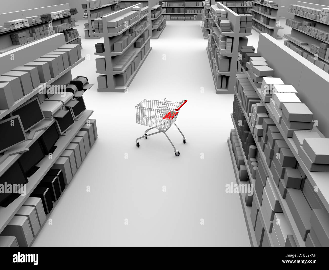 Shopping cart in store aisle Stock Photo - Alamy