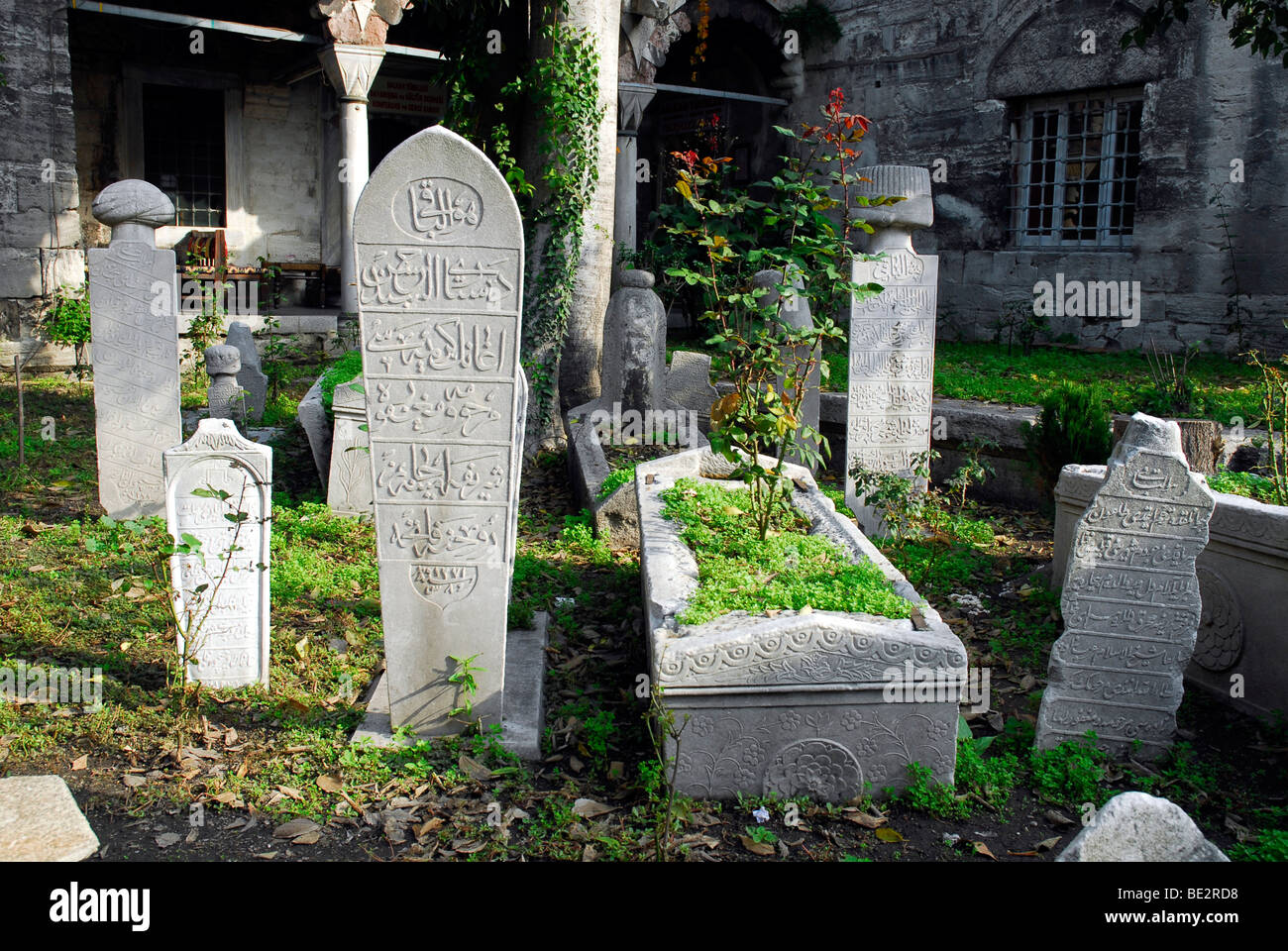 Tombstones in a cemetery at the Yeniceriler Caddesi mosque, Istanbul ...