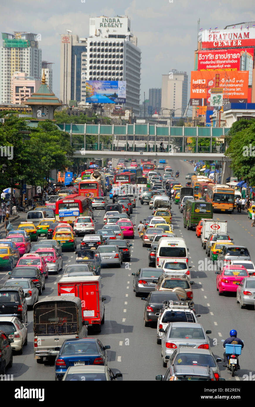 Dense traffic on the street, traffic jam in downtown, Ratchadamri Road ...