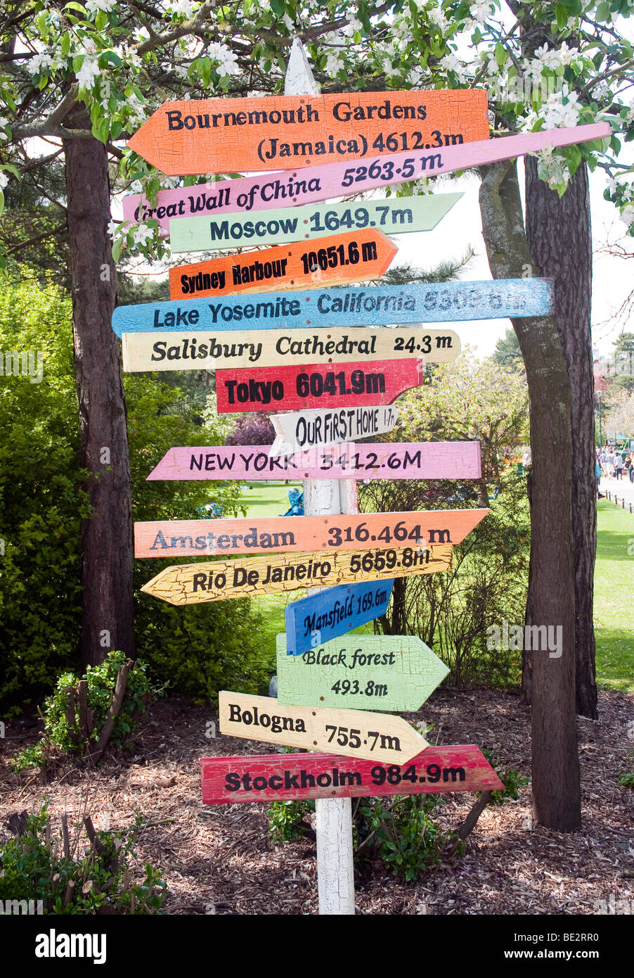 Sign post art piece in Bournemouth lower gardens showing destinations ...