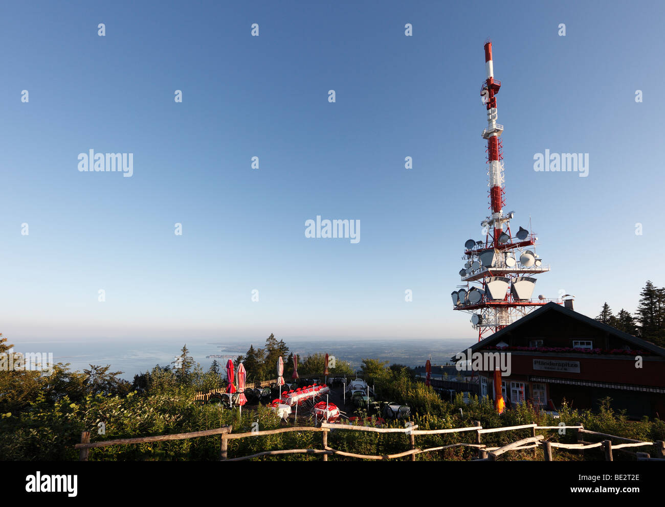 Summit of Pfaender mountain with restaurant and transmitter ...