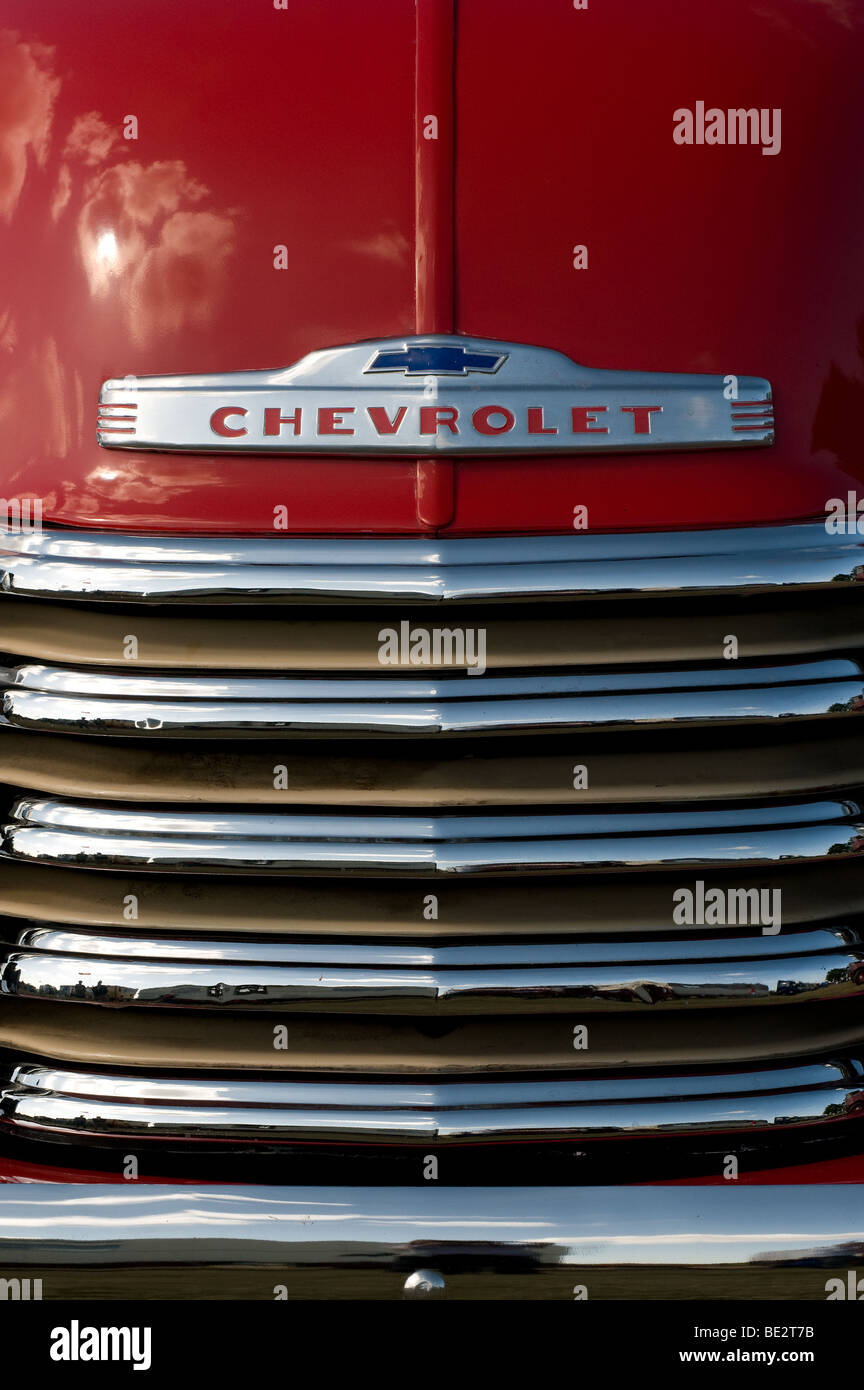 The chrome radiator grill of a classic Chevrolet car on display at the ...