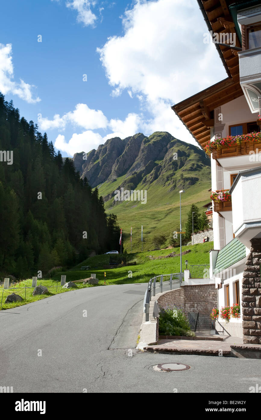 A picturesque street view in Samnaun, Switzerland, showcasing a ...