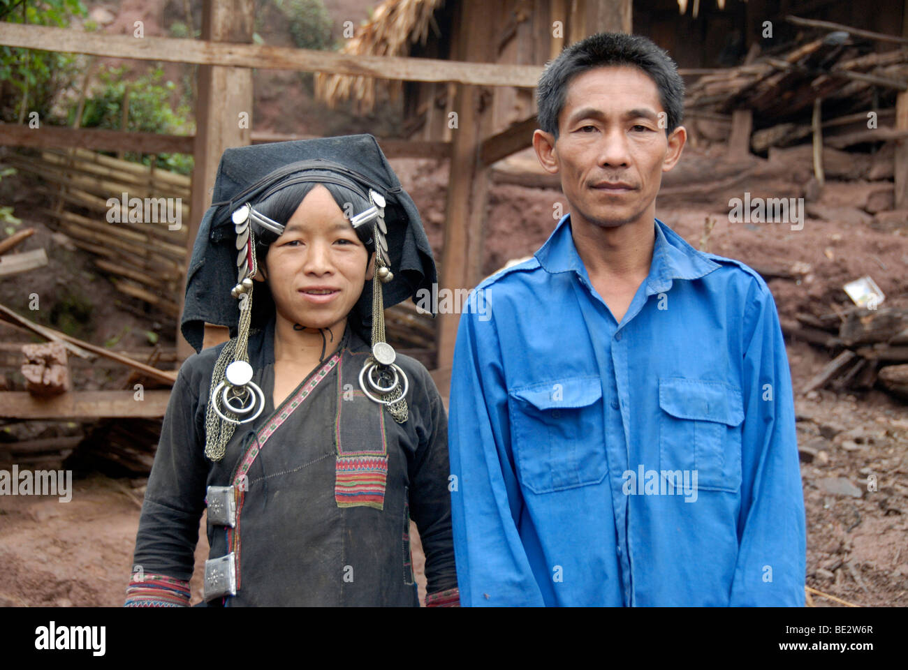 Portrait, anthropology, couple, woman and man of the Akha Pixor ethnic ...