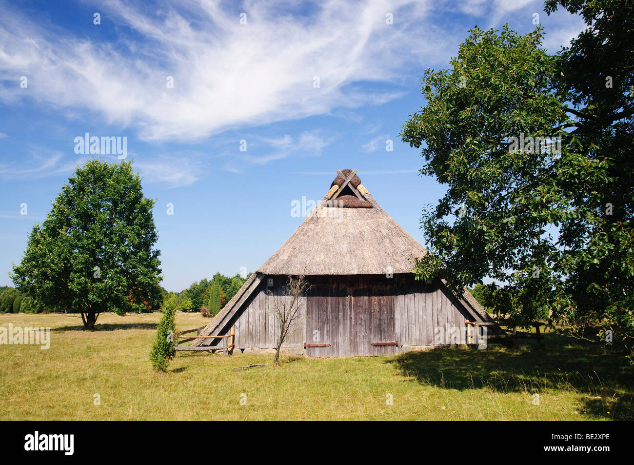 Historic sheep barn near Wilsede, Lueneburg Heath Nature Park, Lower ...