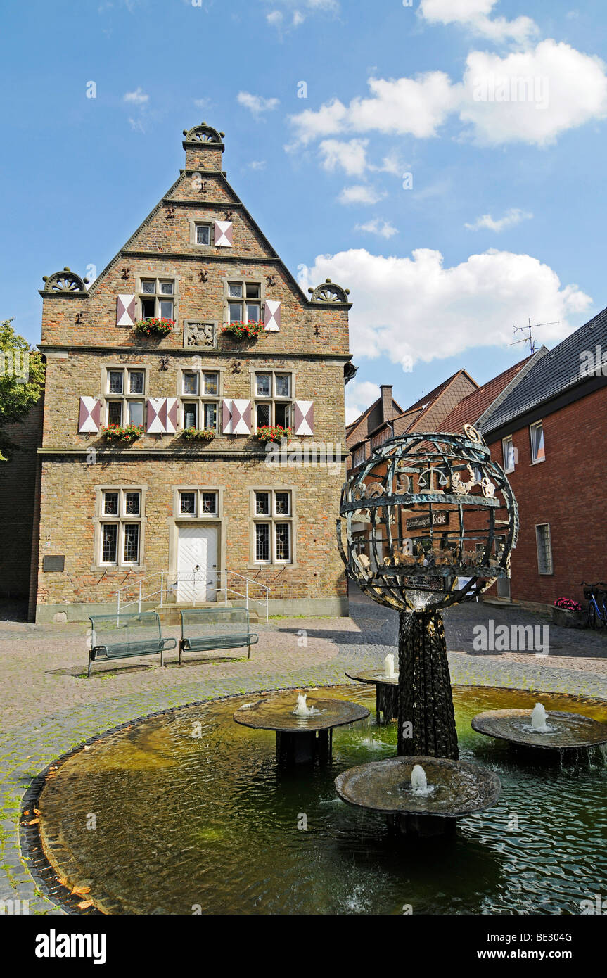 Fountain, Steinhaus building, public library, historic old town, Werne ...