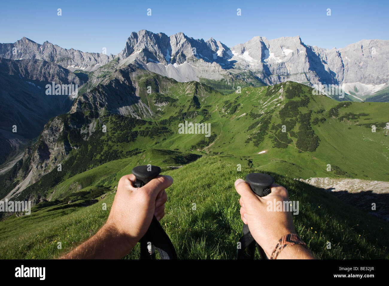 Mountaineer in front of the Karwendel Mountains, North Tyrol, Austria ...
