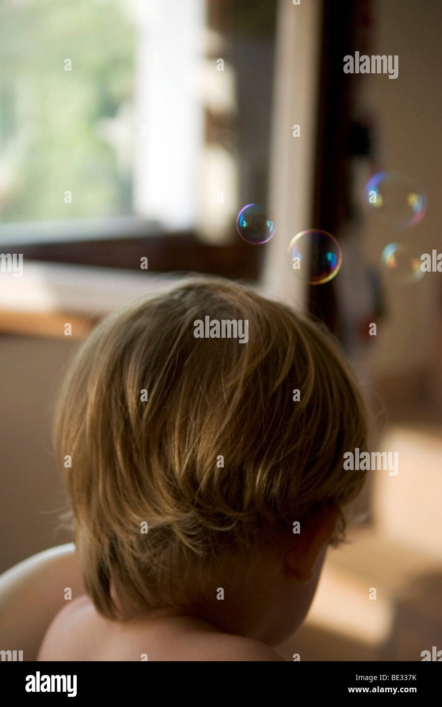 back of toddlers head with bubbles floating by an open window Stock ...