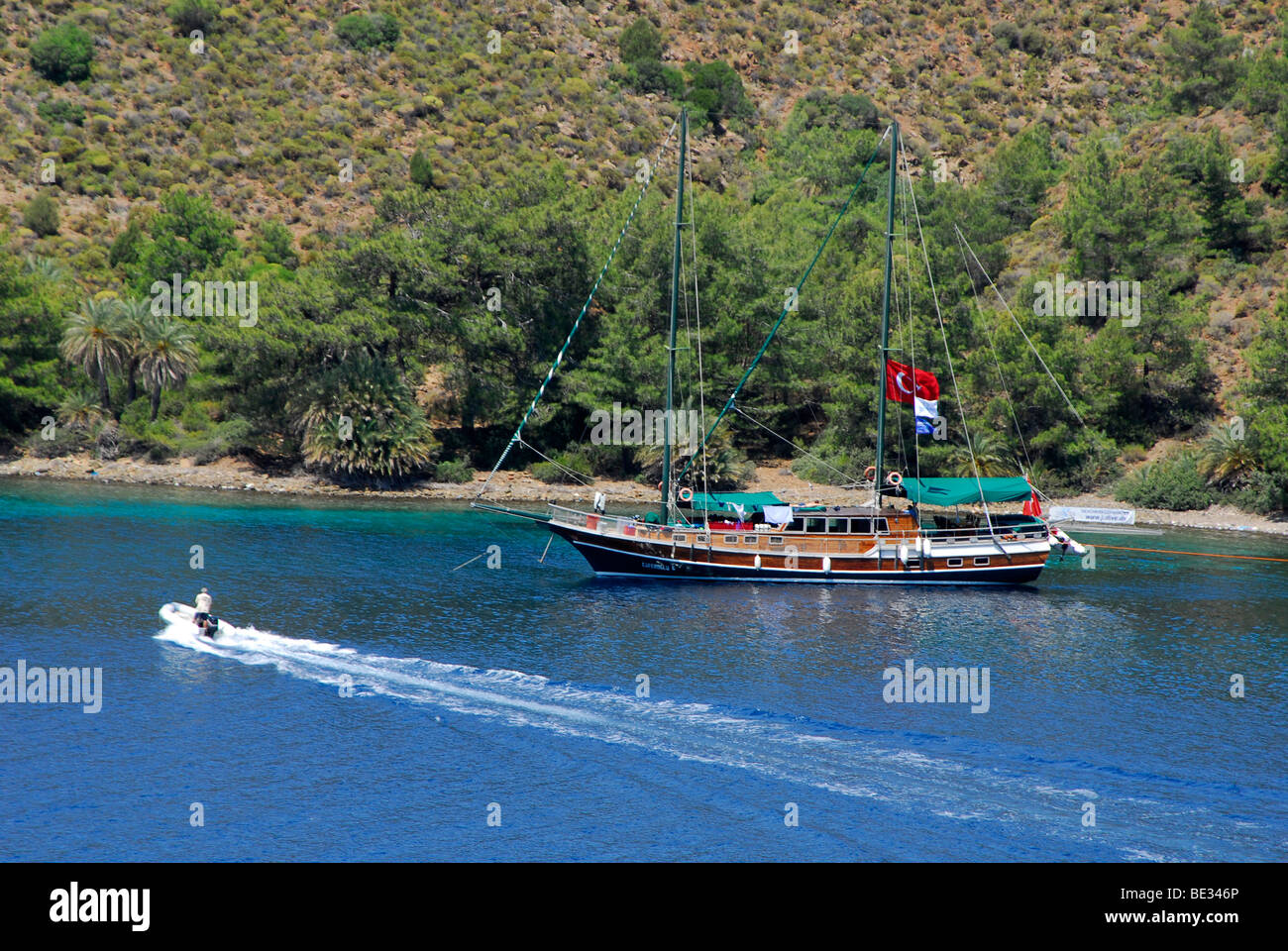 Gulet anchors in Date Bay, Datca-Halbinsel, Aegaeis, Mittelmeer, Turkey ...