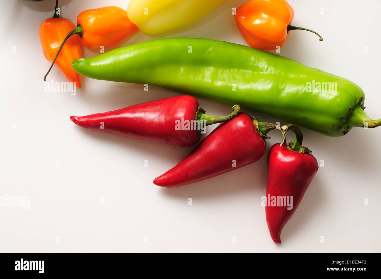 Chili peppers, Anaheim (long, light green); Red Fresno (red); Habanero ...