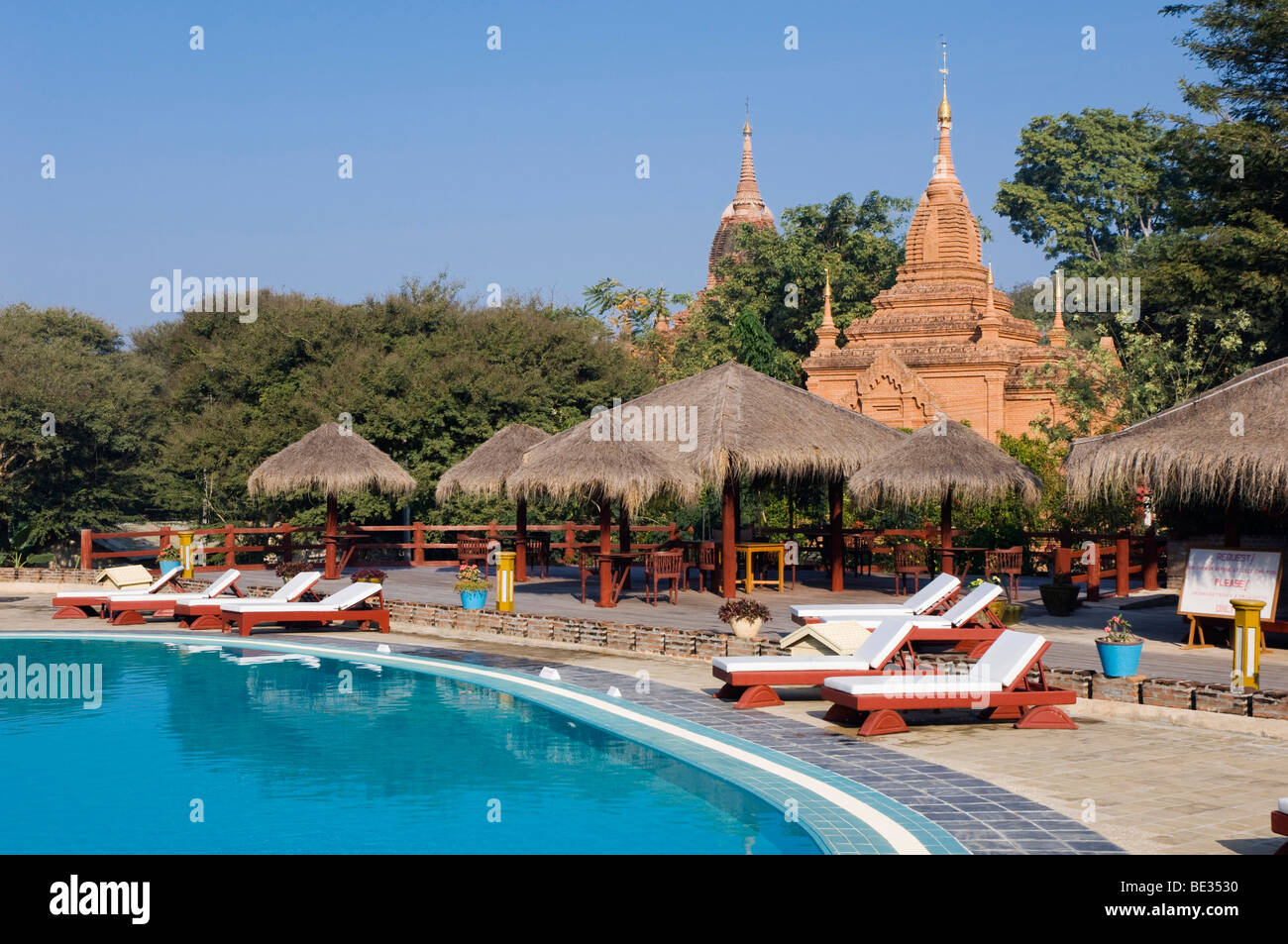 Temple, pool, Bagan Thand Hotel, Old Bagan, Pagan, Burma, Burma ...