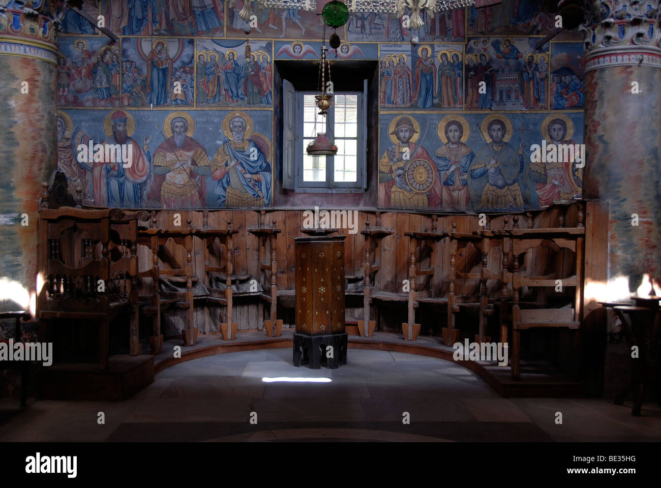 Greek Orthodox Christianity, interior, wooden benches, ornate murals ...
