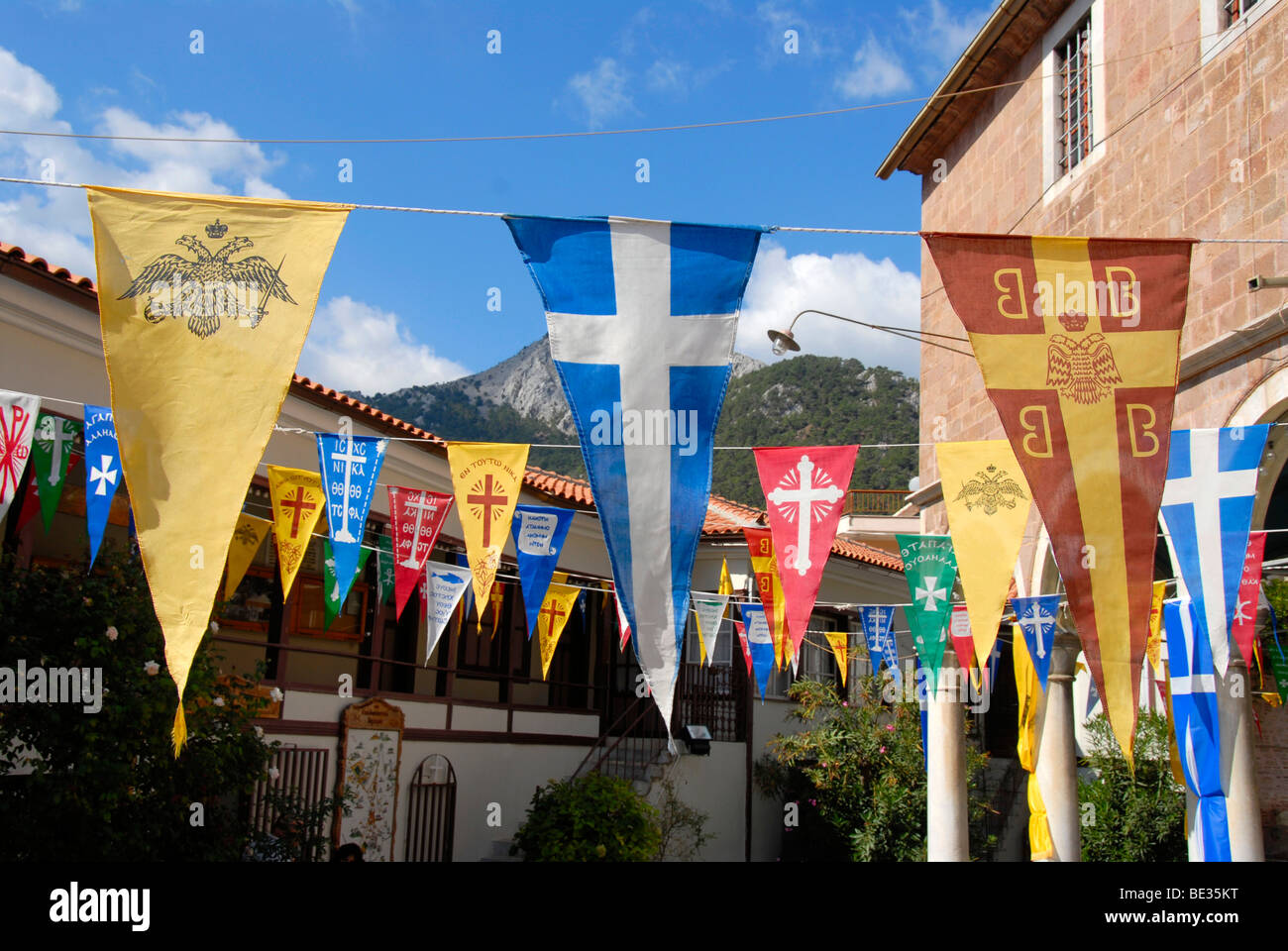 Greek Orthodox Christianity, colourful banners, pennants, on a church ...