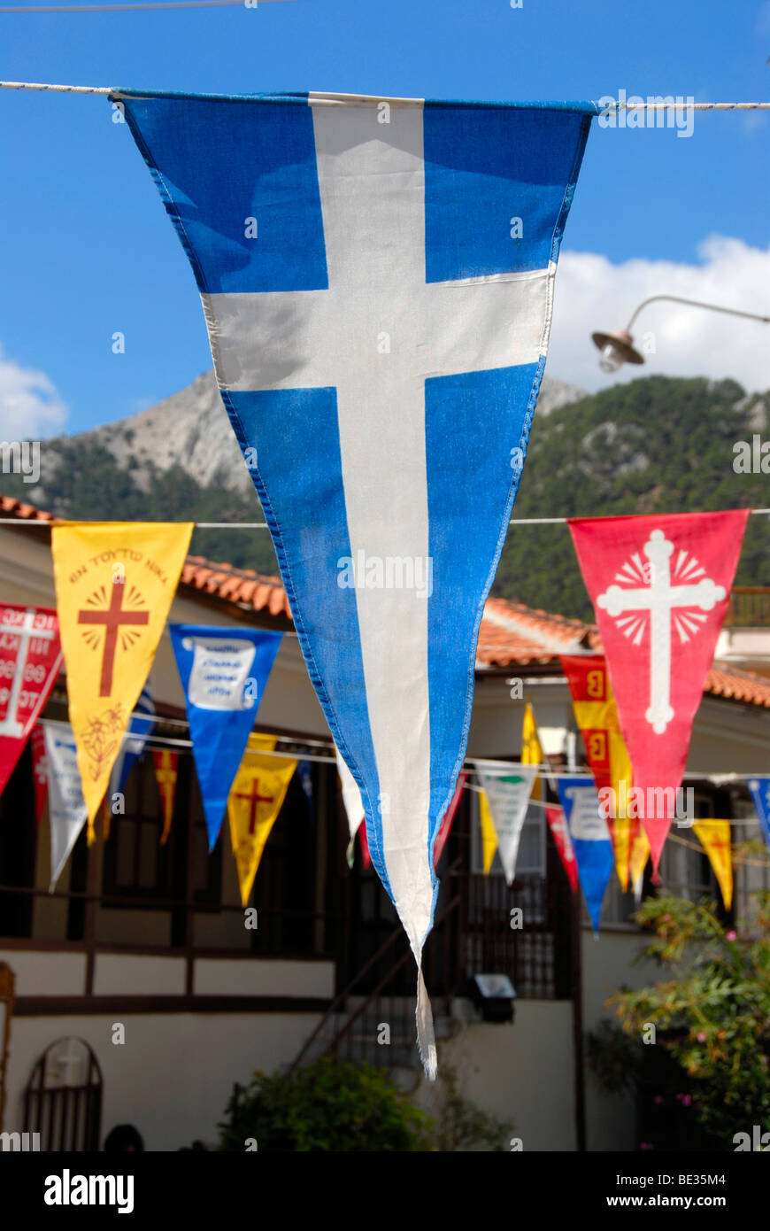 Greek Orthodox Christianity, colourful banners, pennants, on a church ...