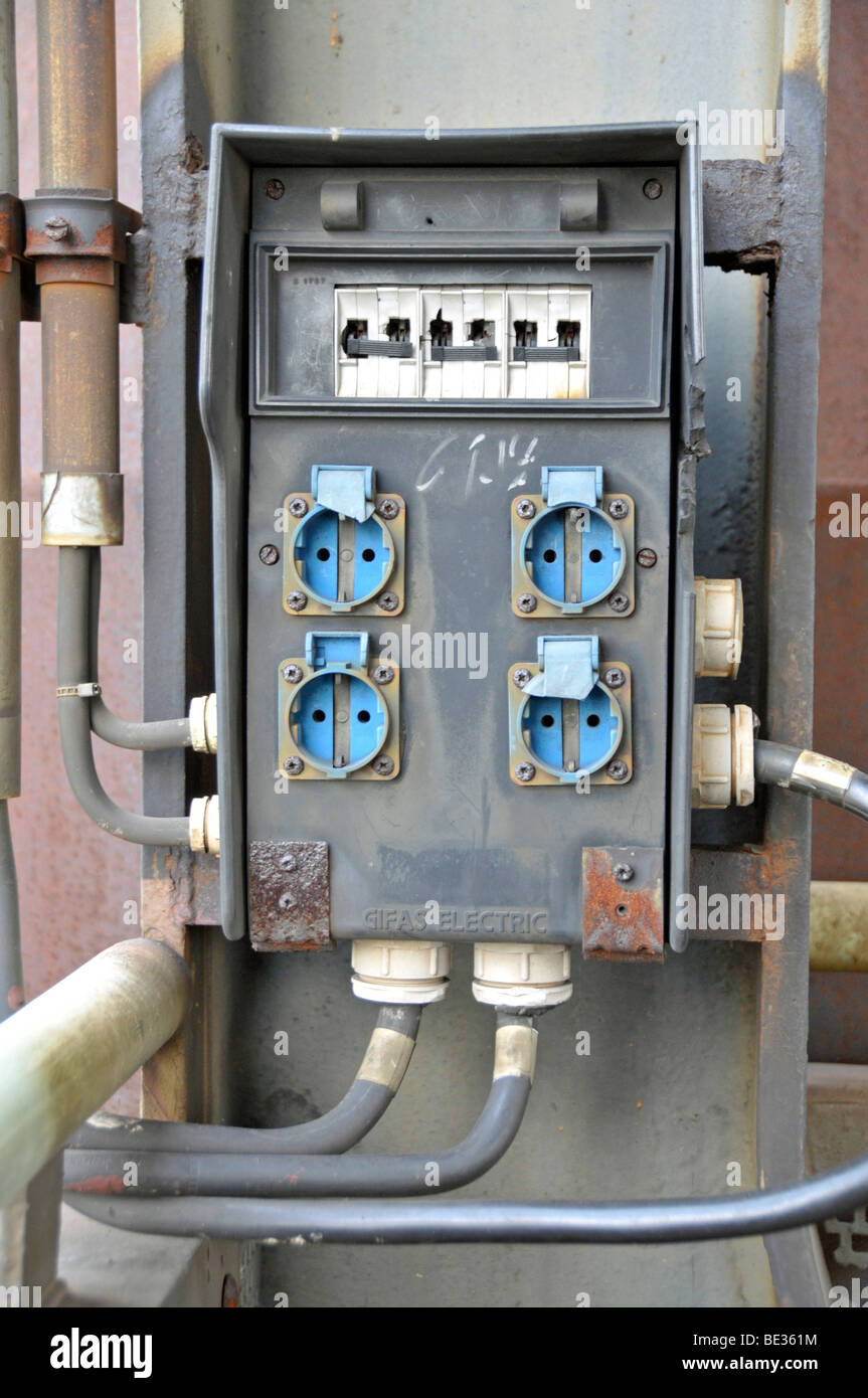 Electrical box, blast furnace, Landschaftspark Duisburg-Nord landscape ...