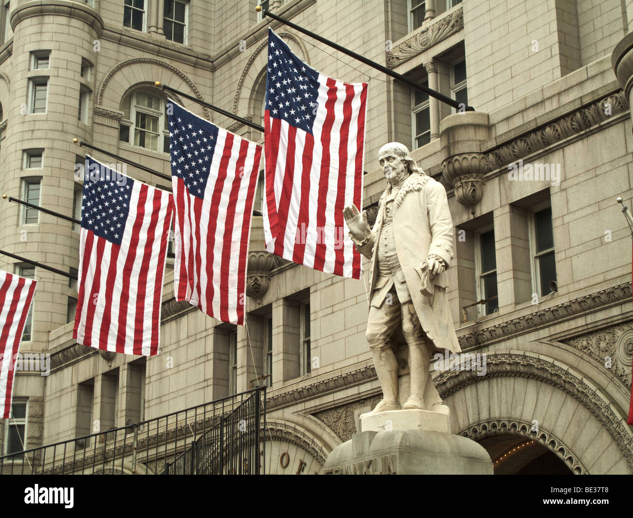 Statue of Benjamin Franklin, the first US Postmaster at the old post ...