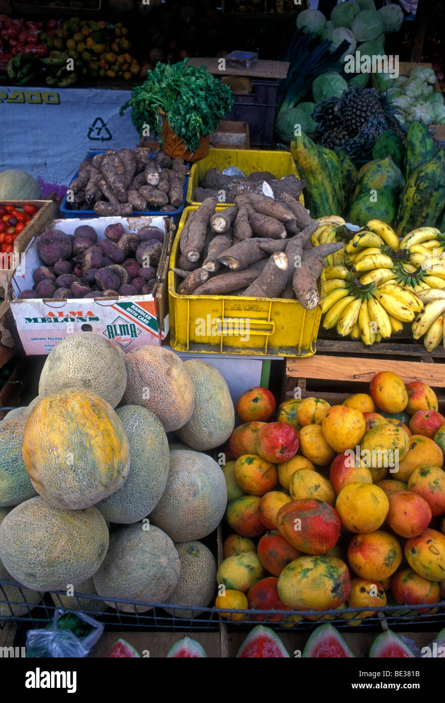 fruit and vegetable vendor, selling, papayas, mangoes, melons, floating ...