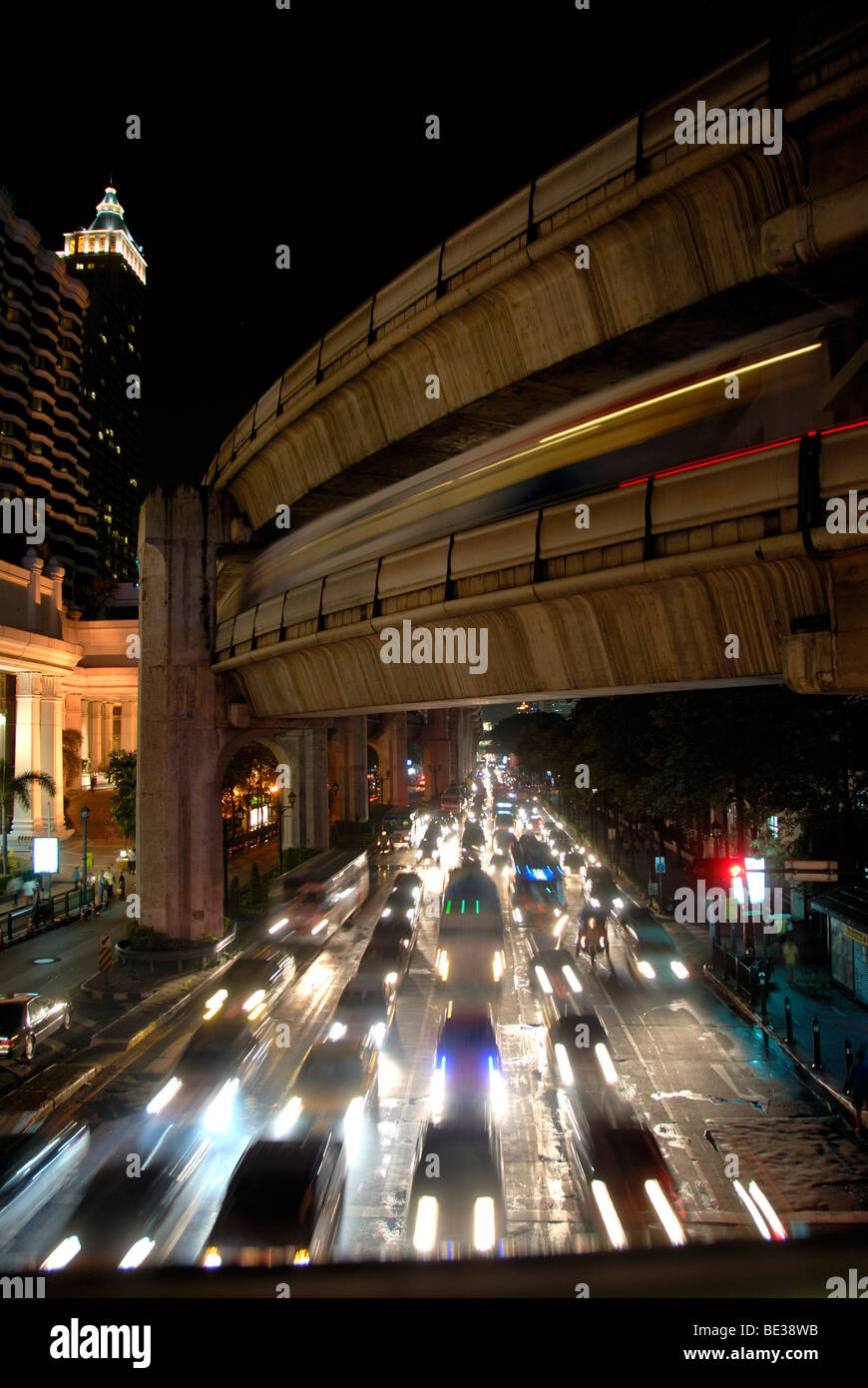 Night Scene, dense traffic on the street, traffic jam, suburban train ...