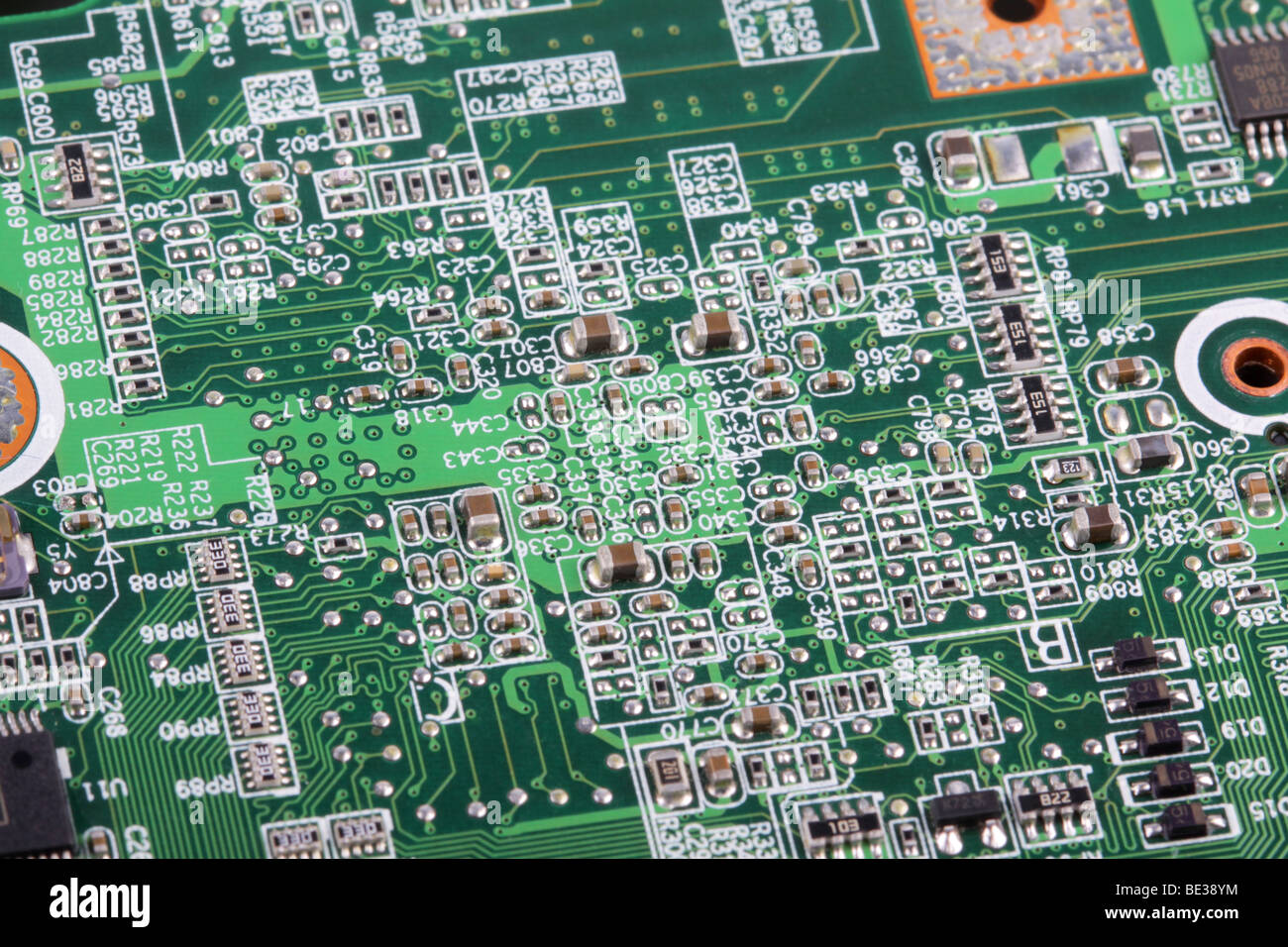 Macro view of a motherboard showing all the detalis of the circuitry ...