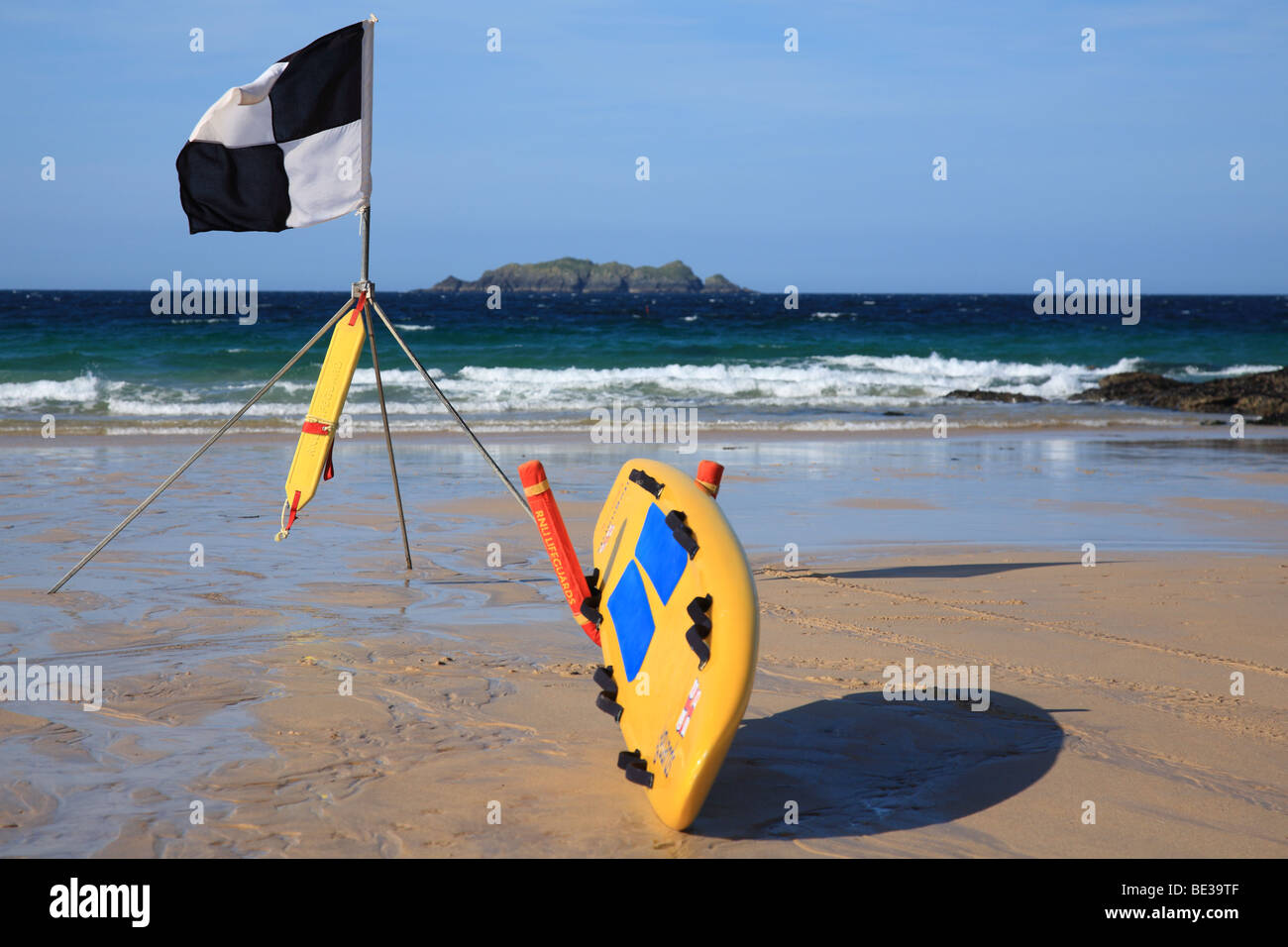 Harlyn Bay - surfing beach - late summer with life saving board, North ...