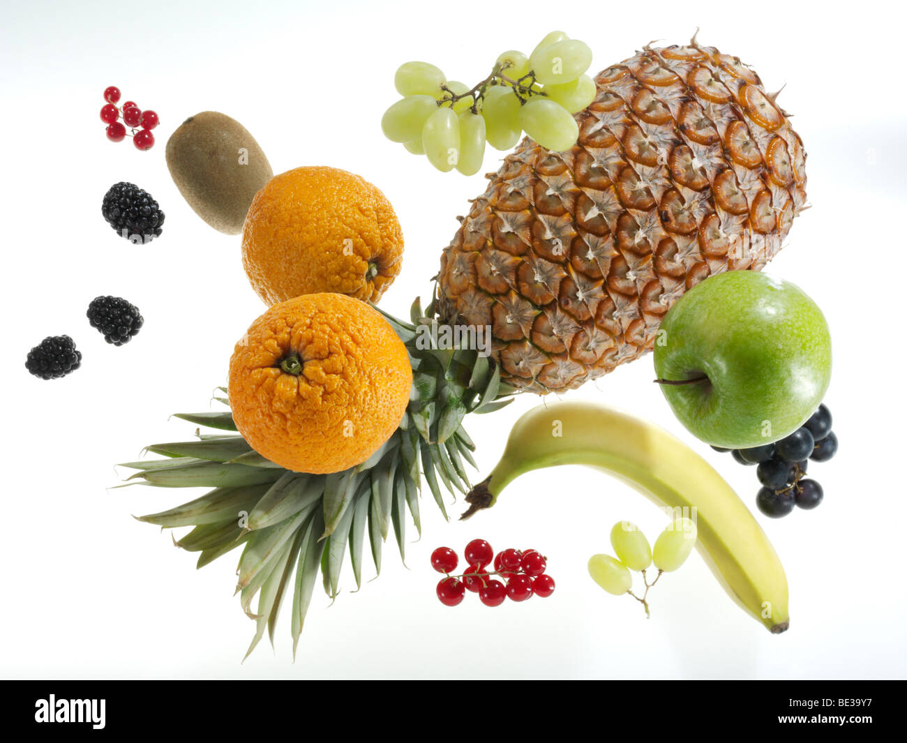 Flying fruits, pineapple, oranges, apple, banana, blackberries, kiwi ...